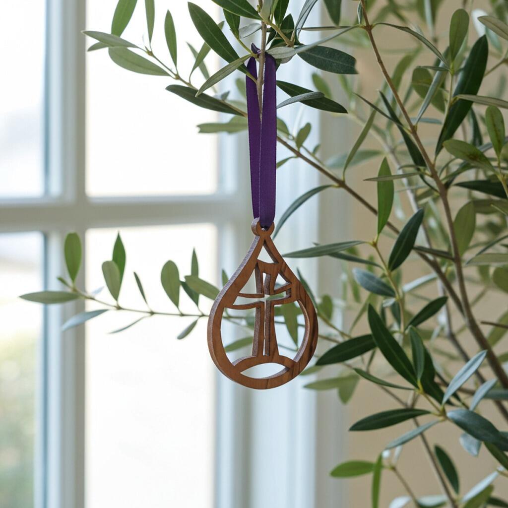 Olive Wood Cross Teardrop Decoration