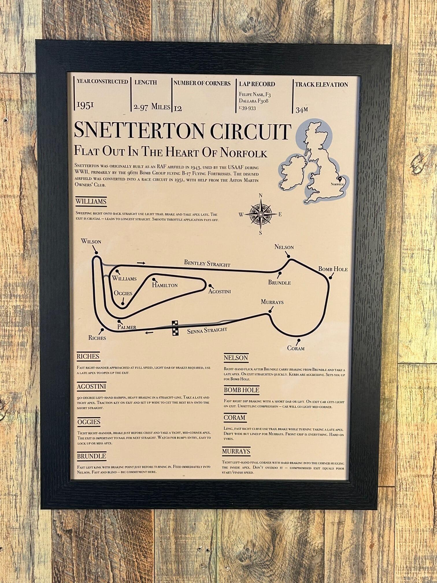 A3 Framed Snetterton Retro Circuit Map | Motorsport Wall Art
