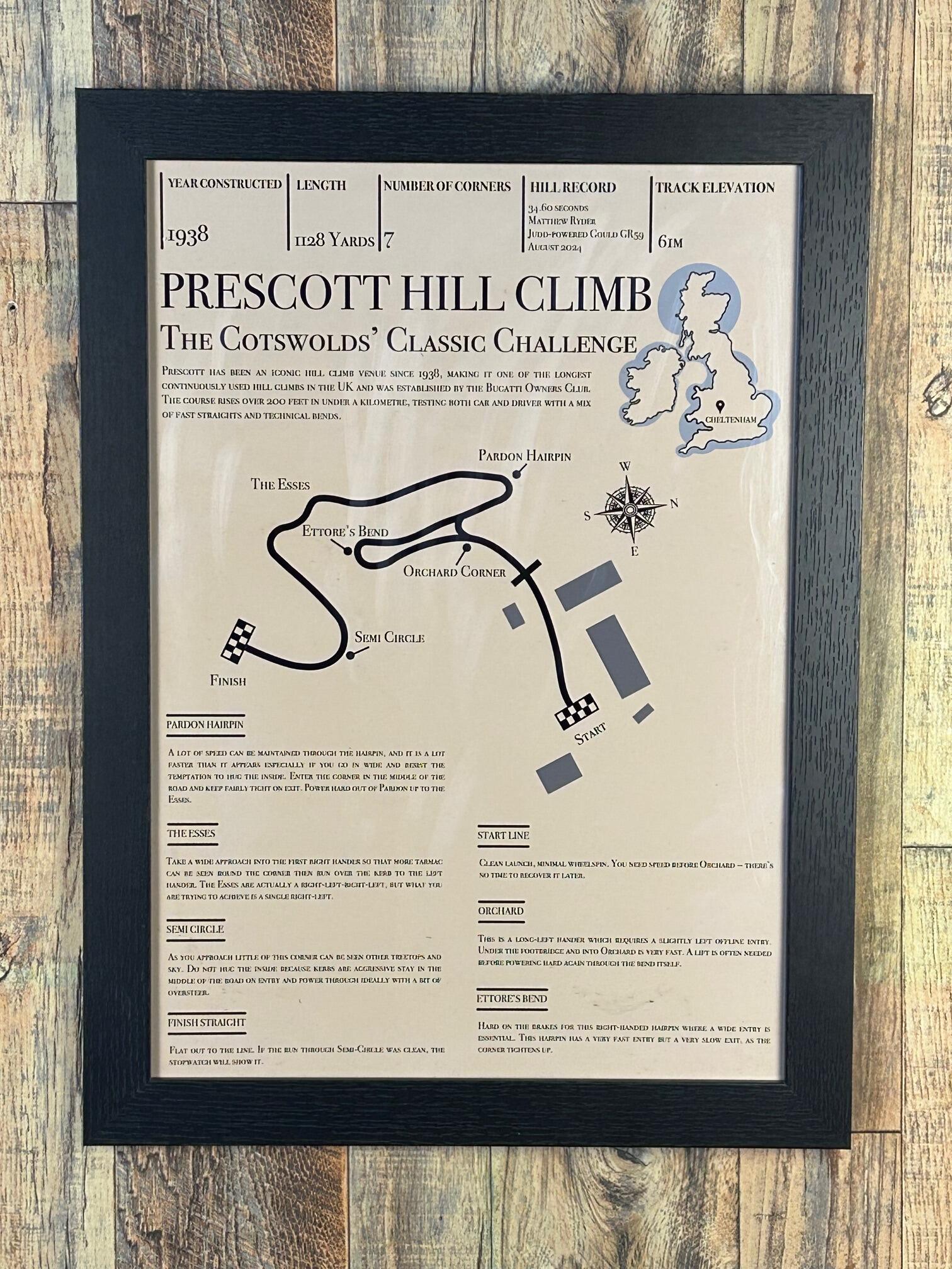 A3 Framed Prescott Hill Climb Retro Map | Motorsport Wall Art