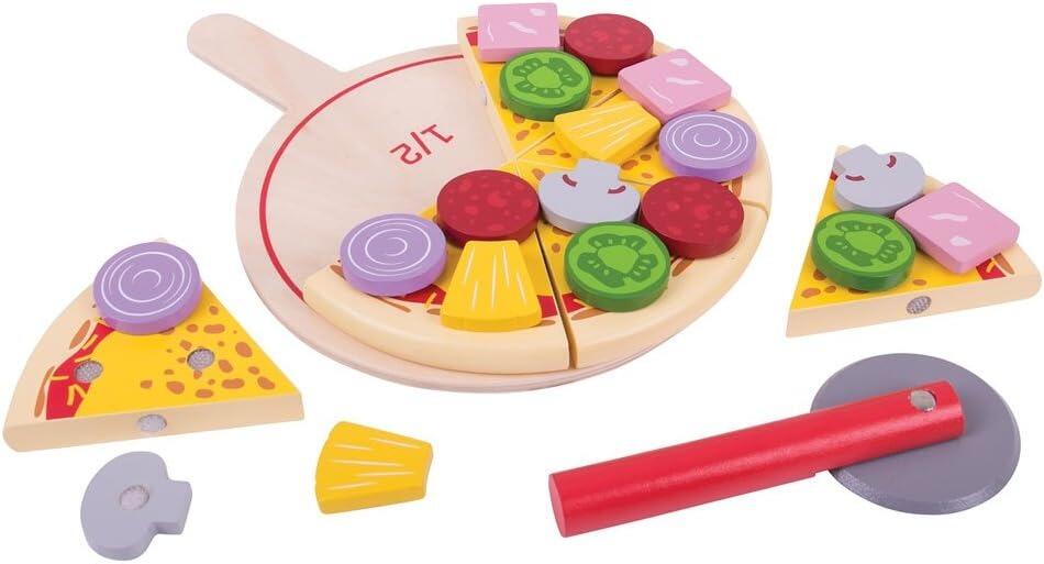 Bigjigs Wooden Cutting Pizza with Wooden Toppings and Pizza Slicer