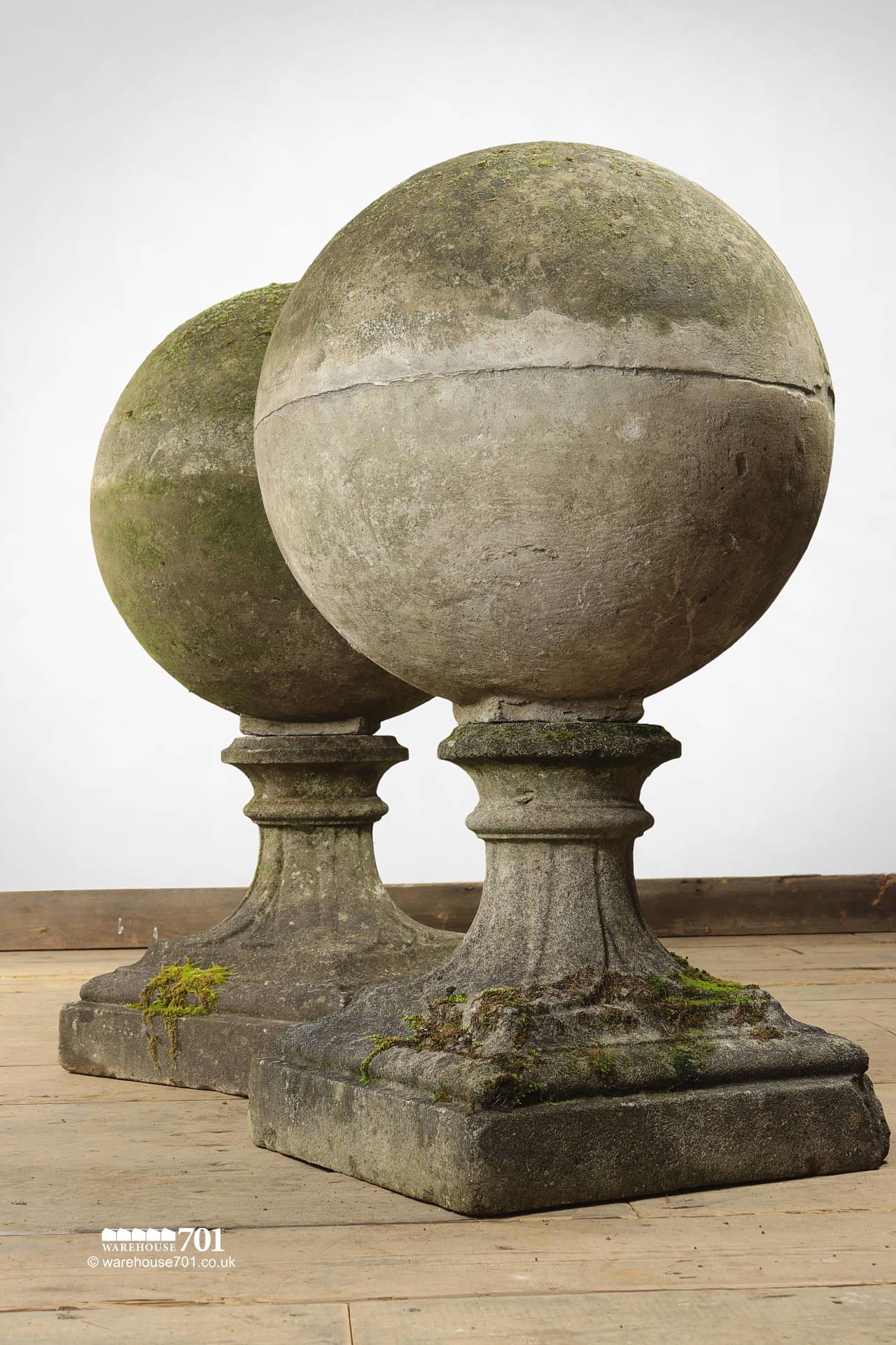 Pair of Large Composite Stone Balls on Plinths Gate Finials or Garden Feature