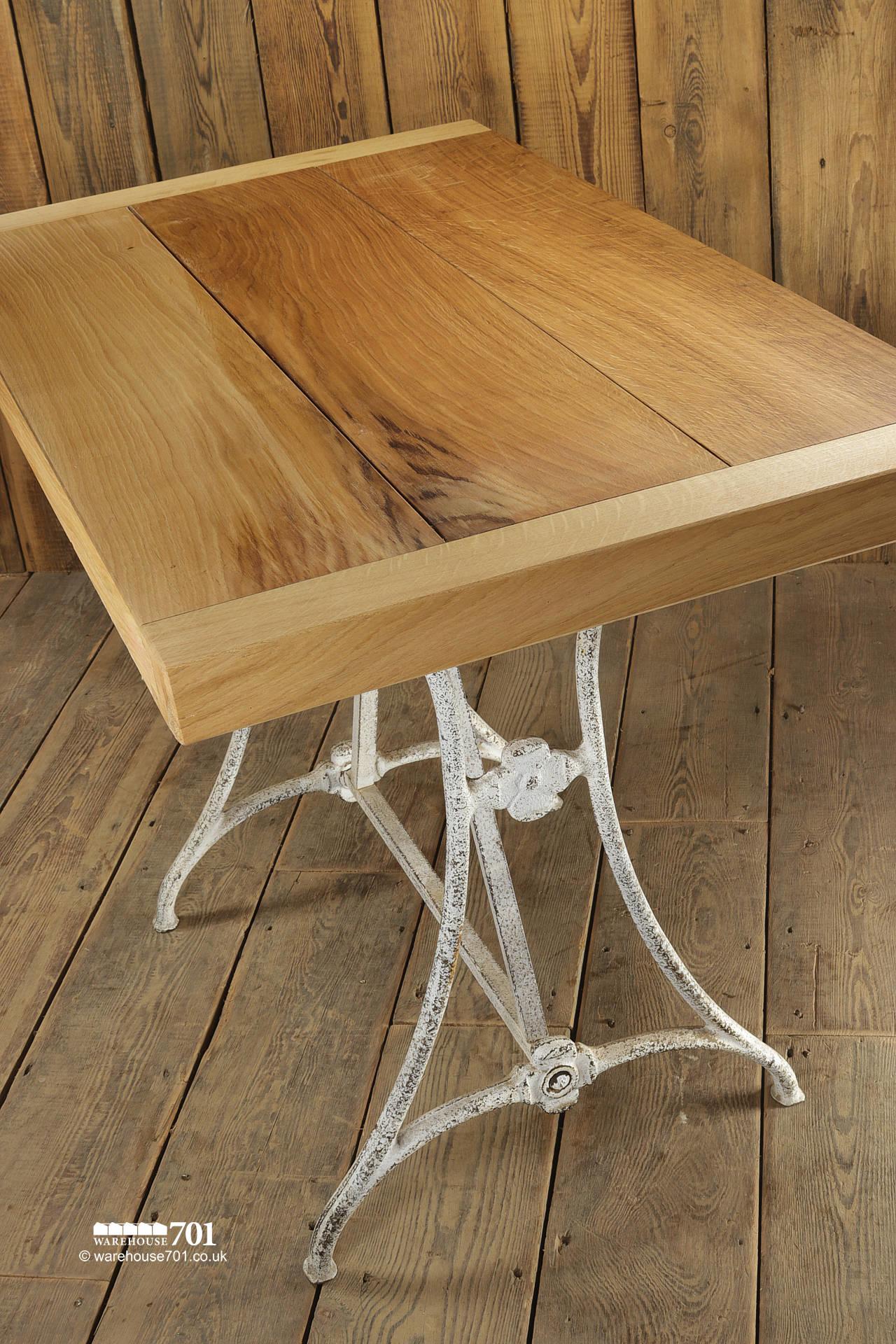 W701 Original Oak Plank Top Table On White Frame Metal Base