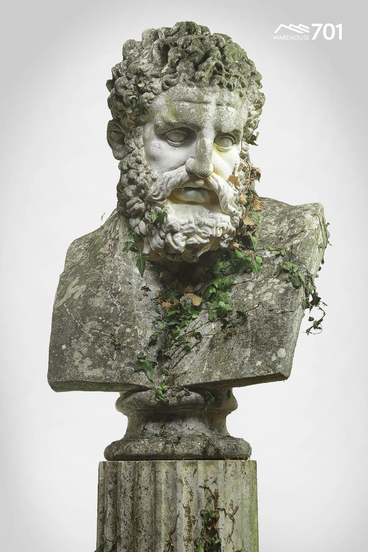 Reclaimed Stone Bust of Hercules on a Fluted Plinth
