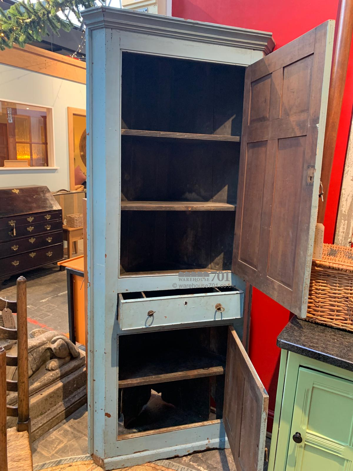 Antique blue painted elm corner cupboard