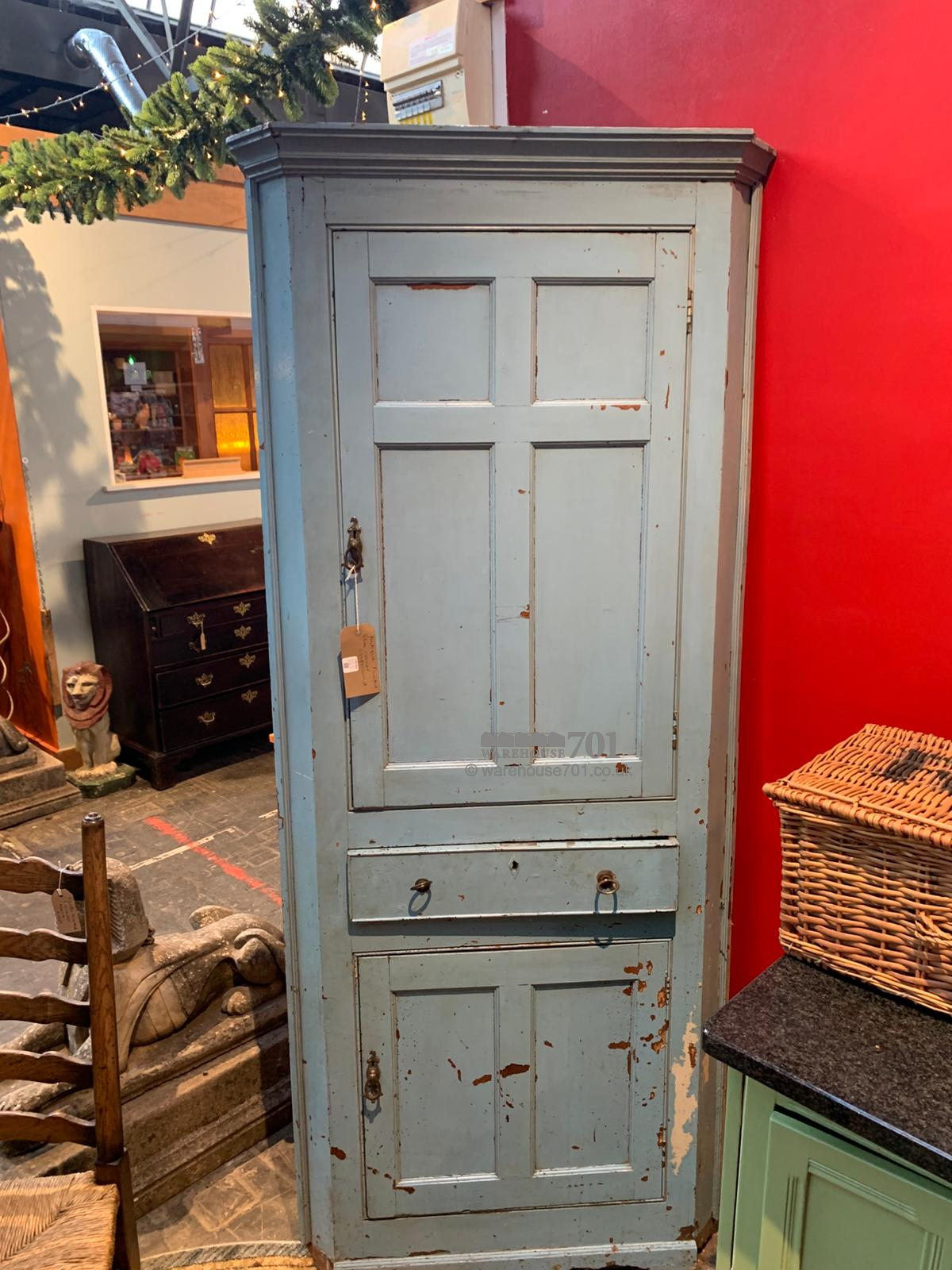 Antique blue painted elm corner cupboard