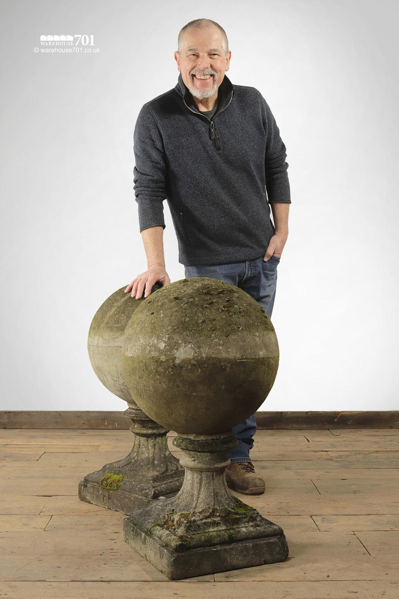 Pair of Large Composite Stone Balls on Plinths Gate Finials or Garden ...