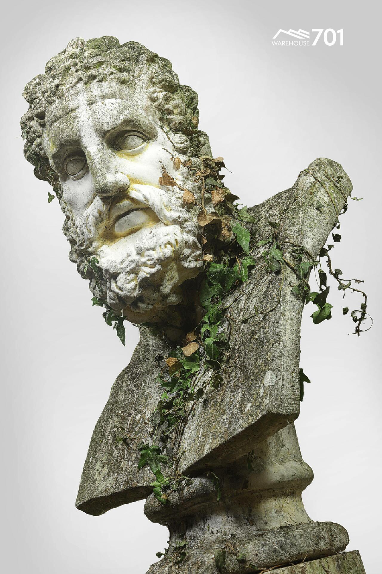Reclaimed Stone Bust of Hercules on a Fluted Plinth