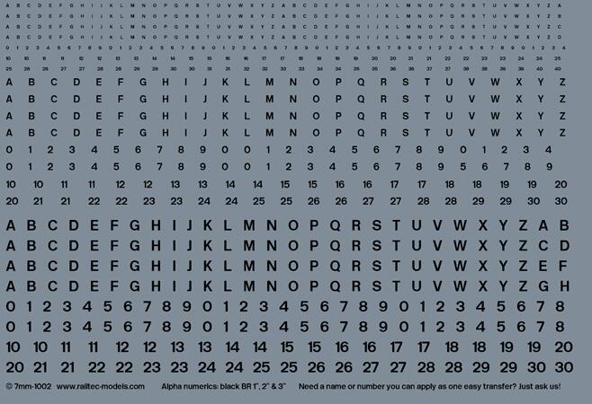 RAILTEC 7-1002 Numeric/alphabet sheet: black BR scale 1" - 3" for O gauge