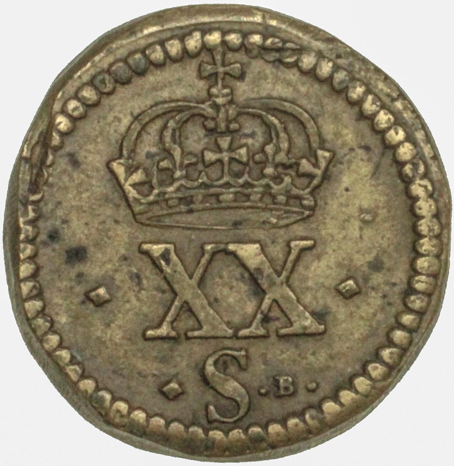 Charles I, coin-weight for a unite, modified to weigh a guinea, by Briot.
