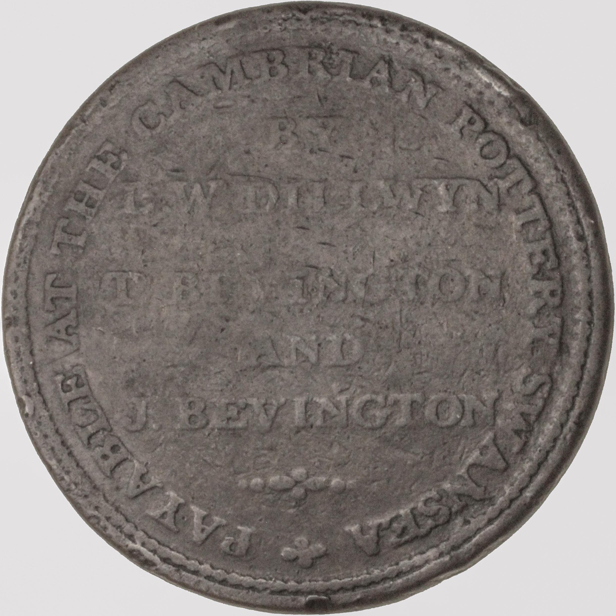 Swansea and South Wales, Cambrian Pottery. Penny token, 1813.