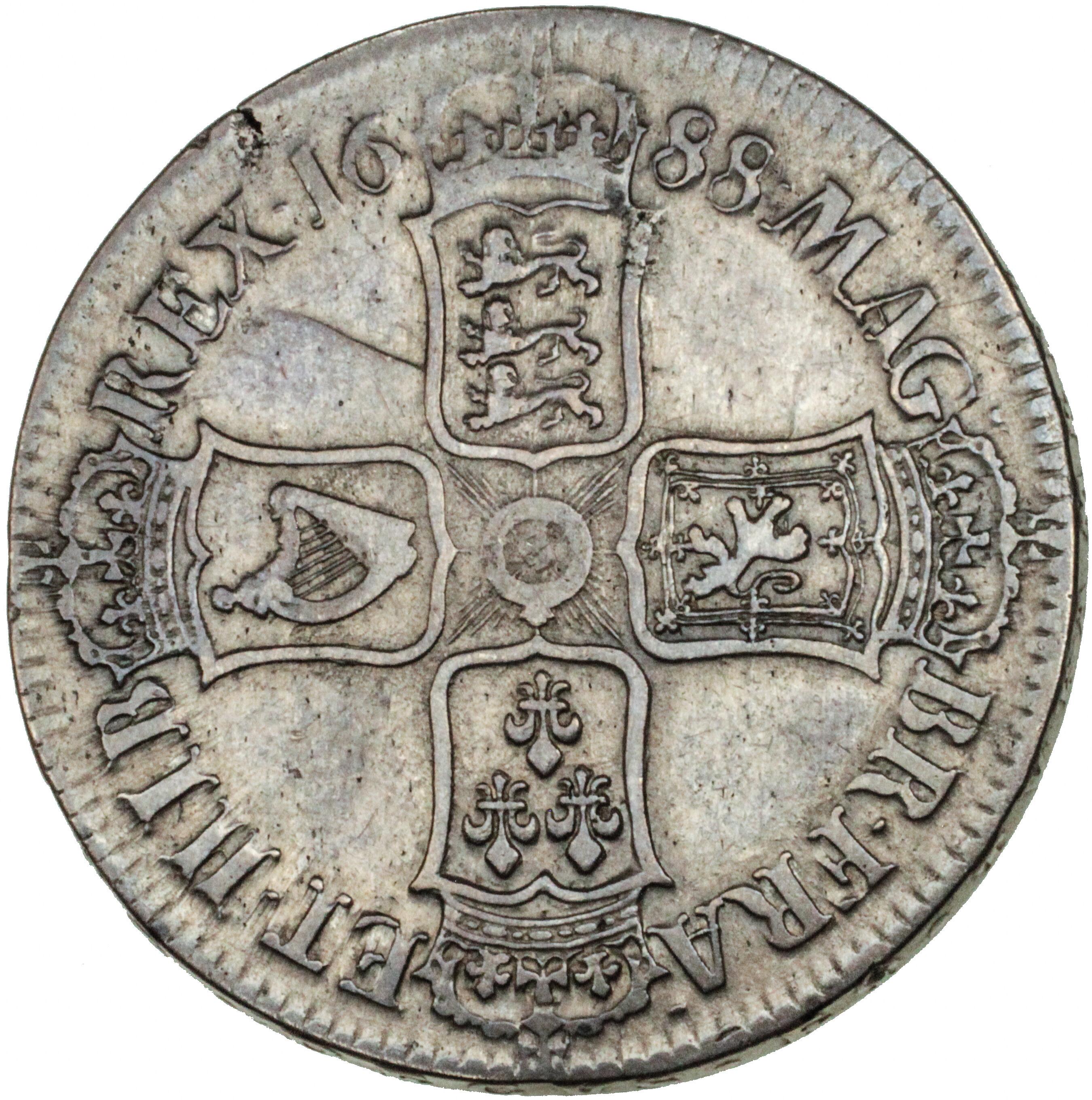 JAMES II, 1685-88. Milled coinage. Crown, 1688. QVARTO