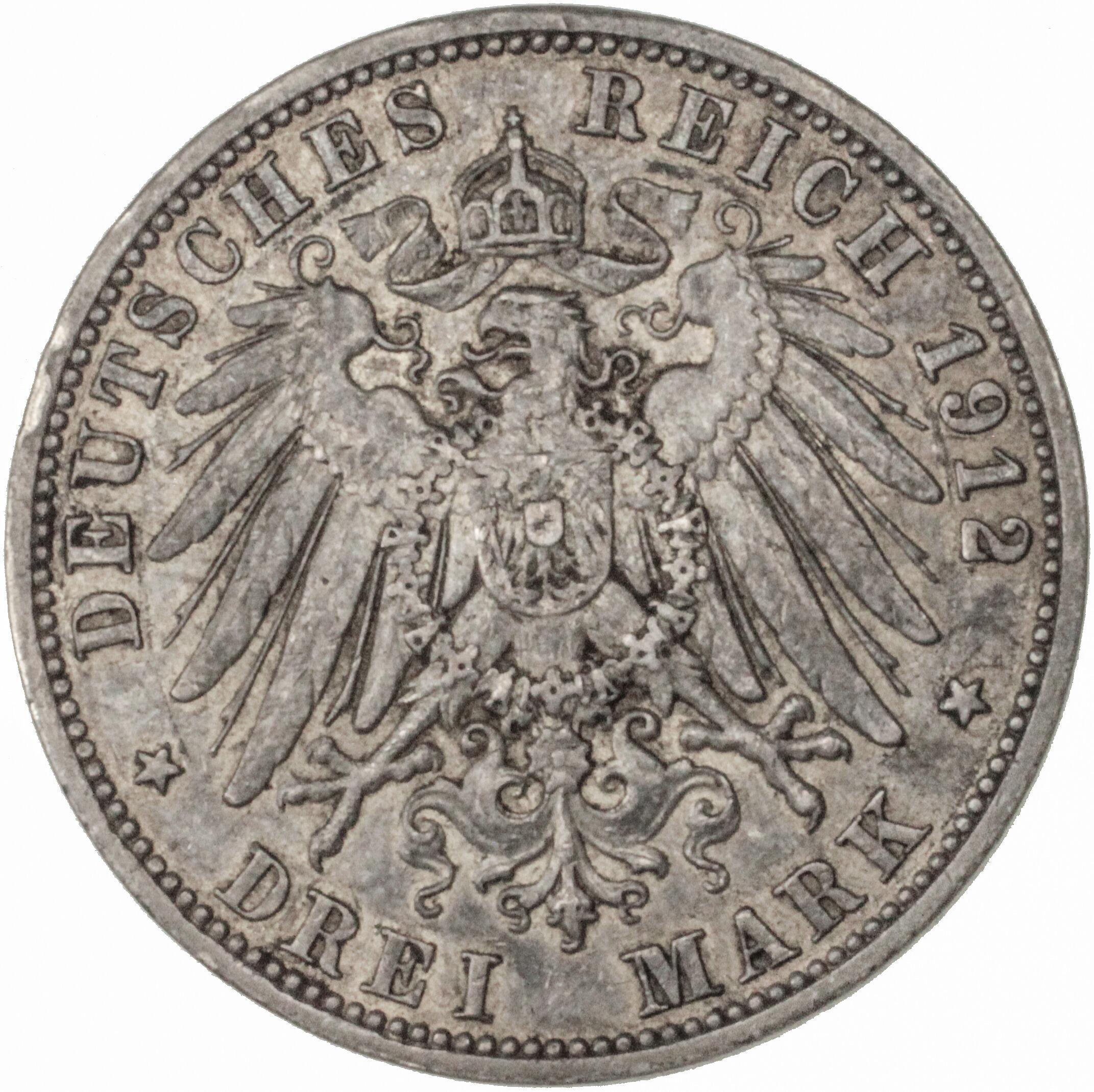 Germany, Preussen, Wilhelm II. Silver 3 Mark 1912A (Berlin mint)