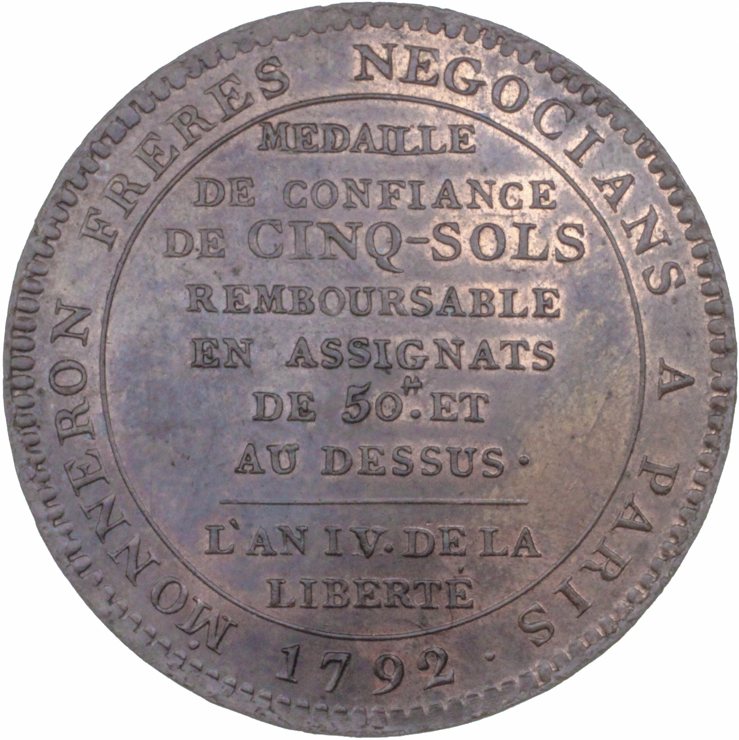 FRANCE, Token 5 sols. Monneron Freres.
