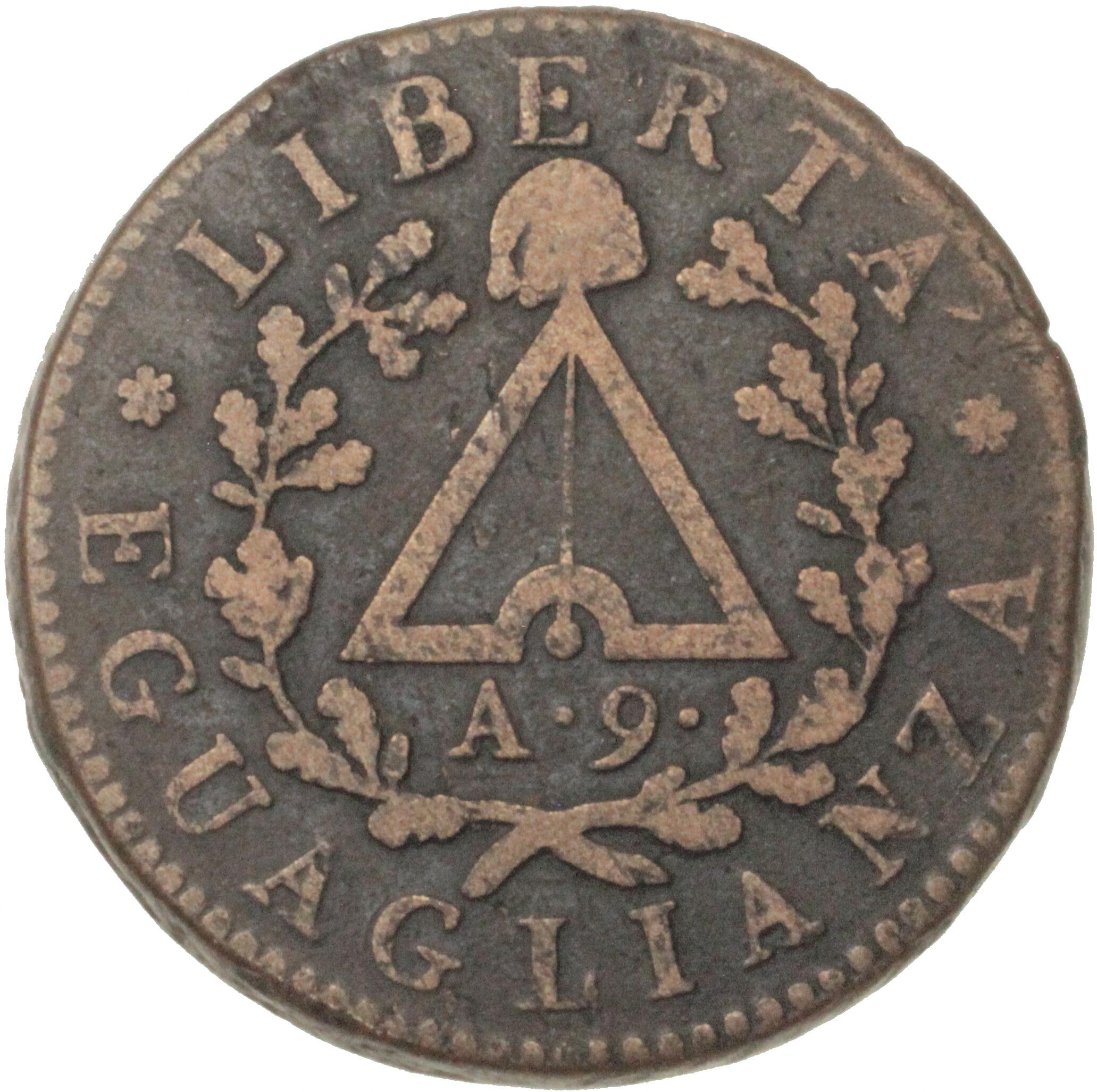 Italy, Subalpine Republic, Nazione Piemontese, 2 soldi year 9 = 1800/1.