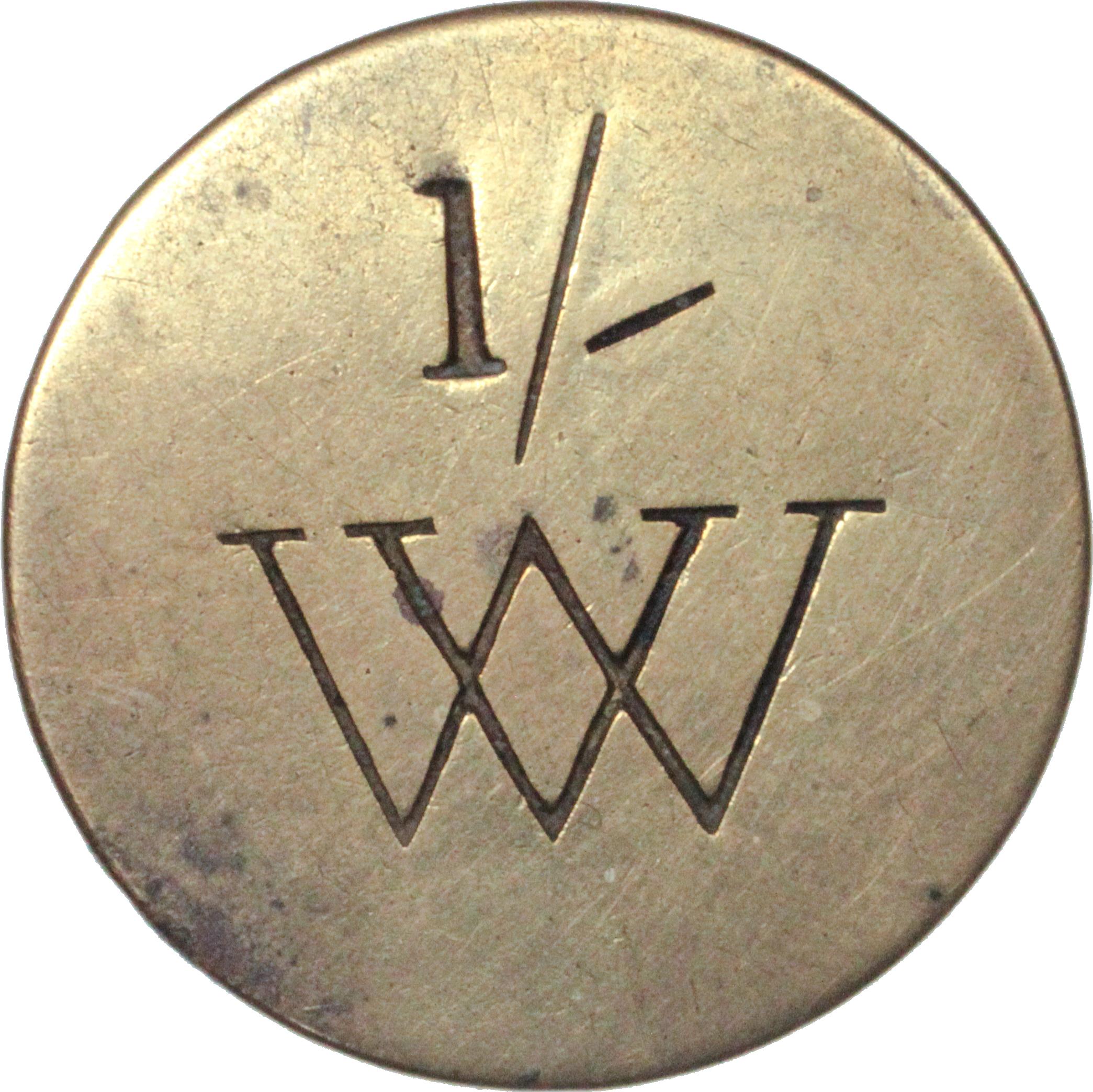 1/- V W Shilling token.
