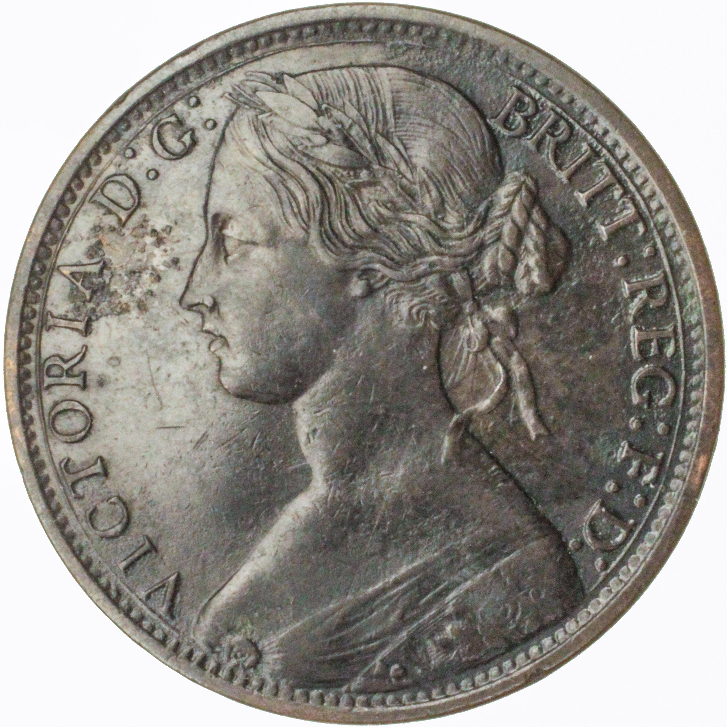 Victoria, bronze penny, 1865, 5 over 3.