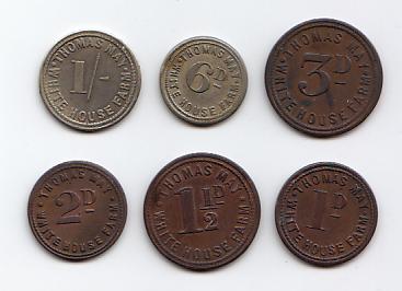 Thomas May, White House Farm, Woodham Walter, Essex. Set of 6 farm tokens.