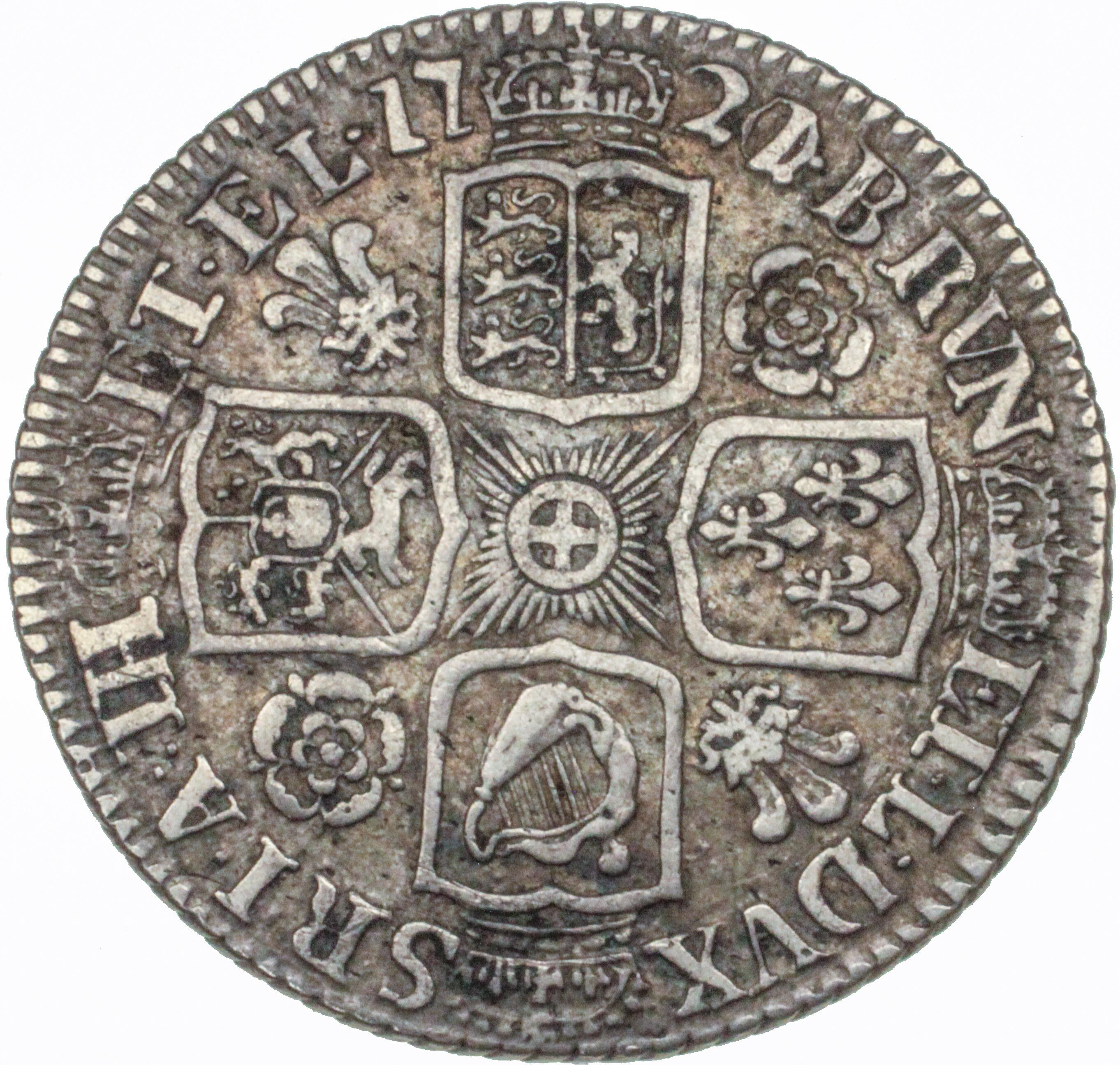George I. Shilling 1721 over 20, roses & plumes.