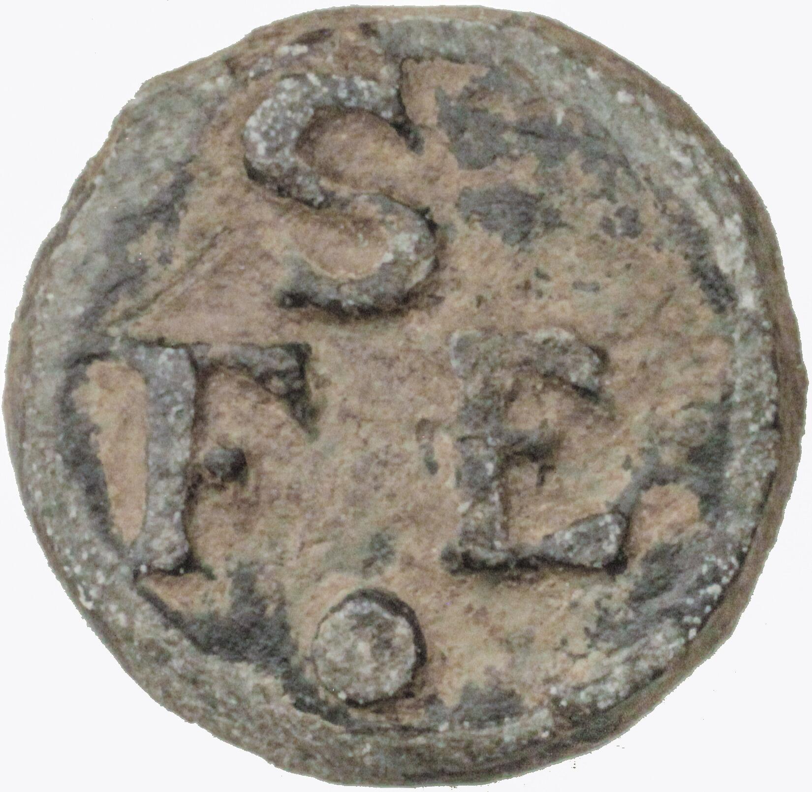 Lead Farthing token, S above FE. Grocer
