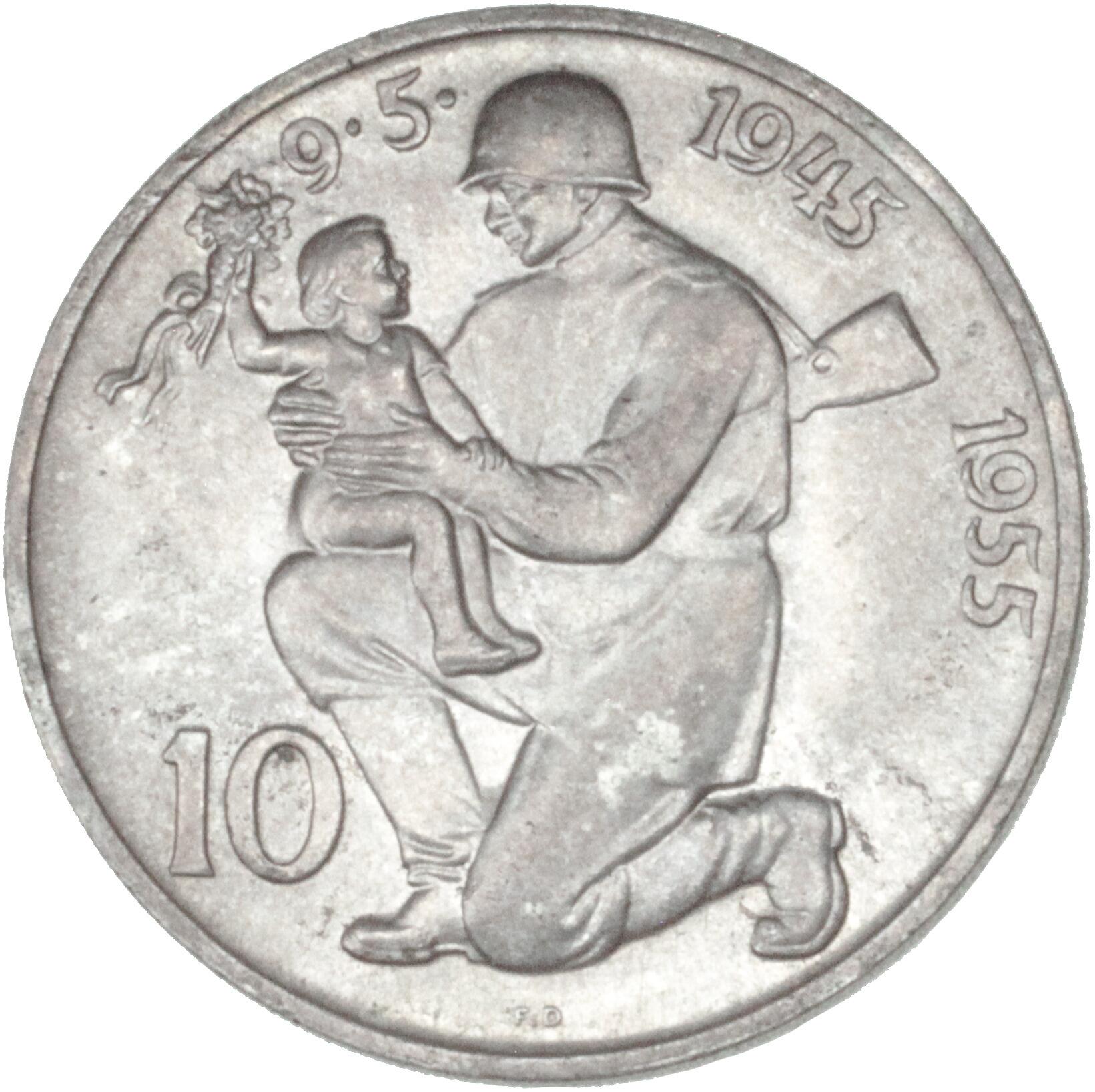 Czechoslovakia, silver 10 korun, 1955. 10th Anniversary of Liberation.