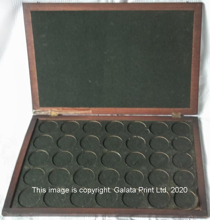 Mahogany display / storage case for 35 coins
