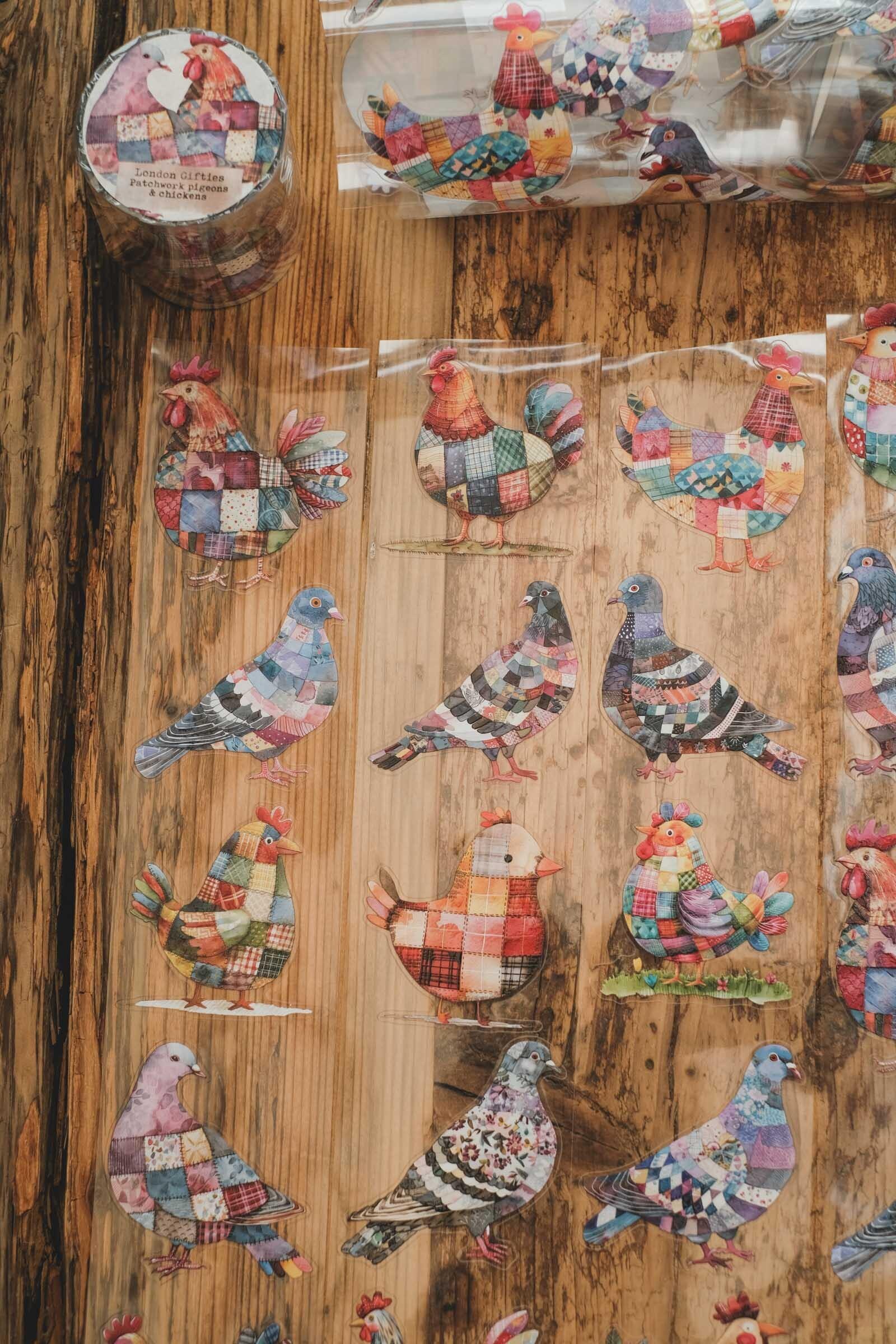 Patchwork pigeons & chickens - kiss-cut raised 3D gloss 6cm wide PET ...