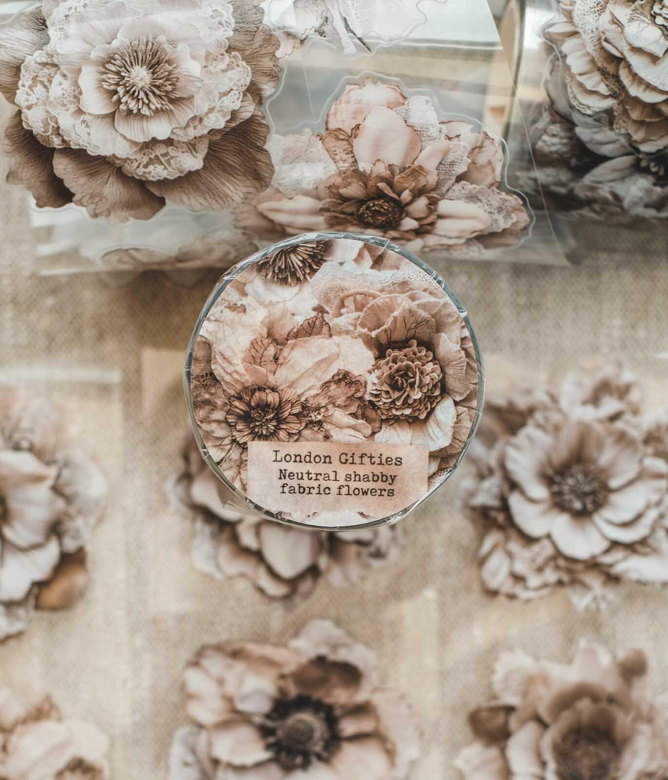 Neutral shabby fabric flowers - kiss-cut raised 3D gloss 6cm wide PET ...