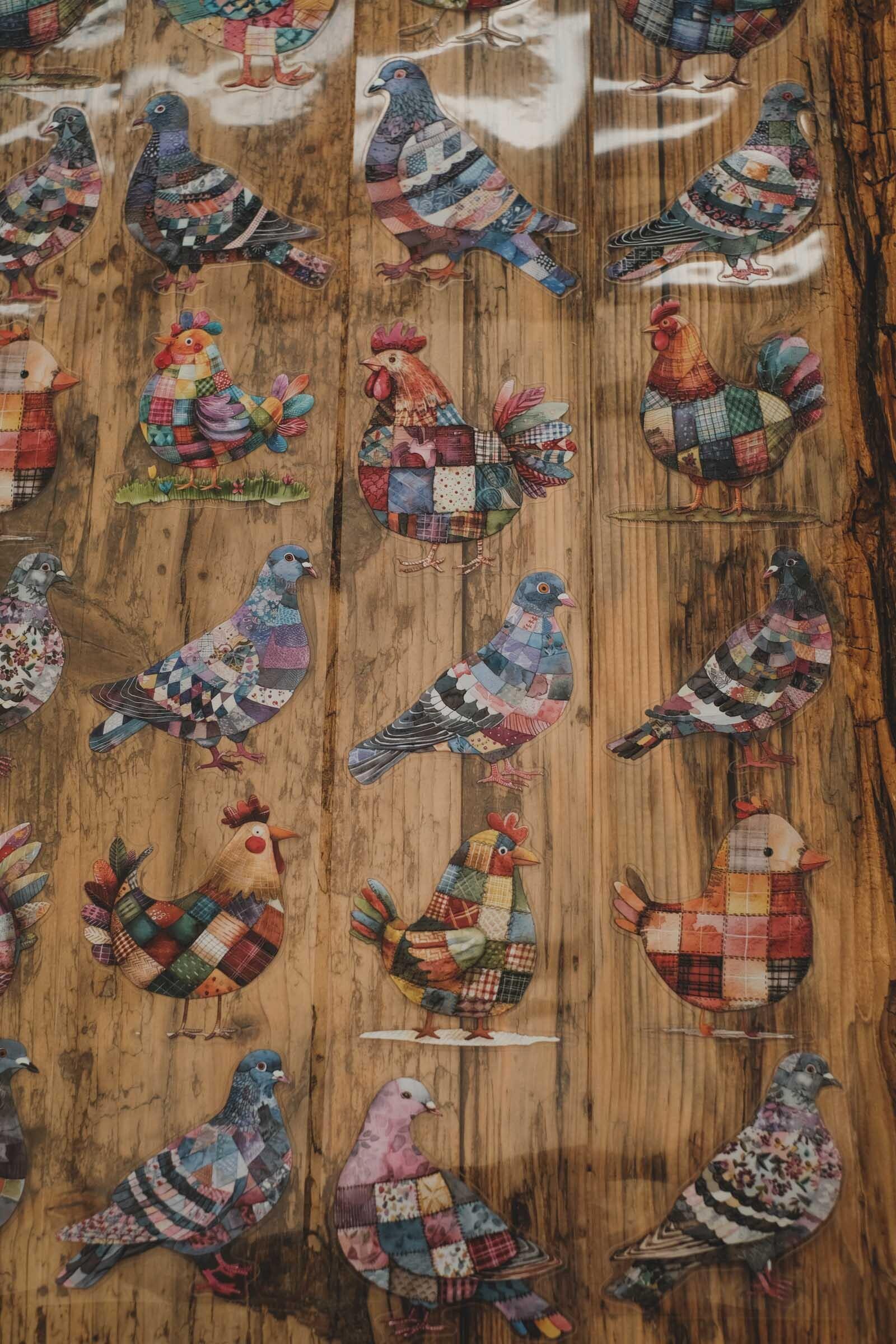 Patchwork pigeons & chickens - kiss-cut raised 3D gloss 6cm wide PET ...