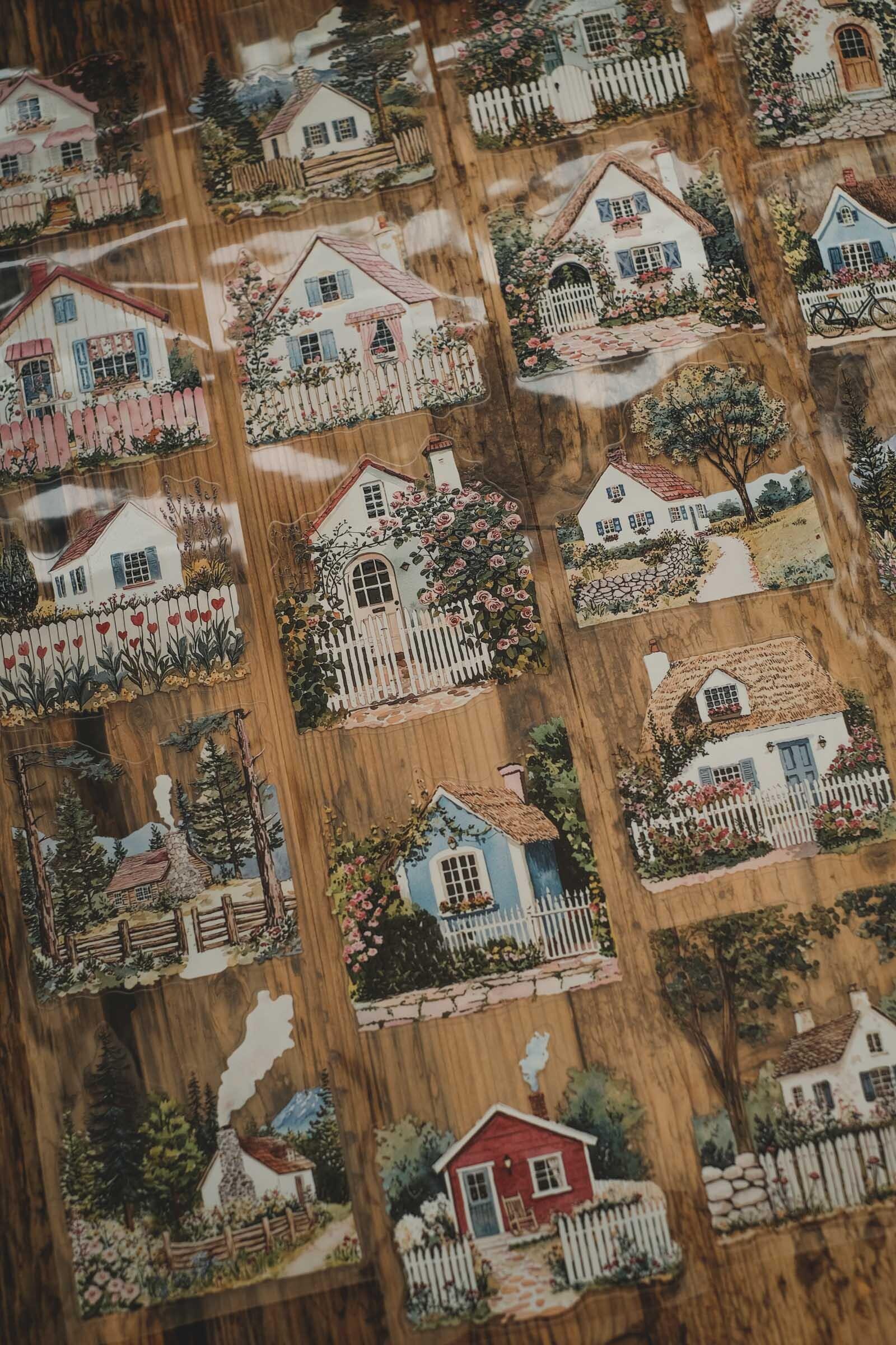 Cute English countryside cottages - kiss-cut raised 3D gloss 7cm wide ...