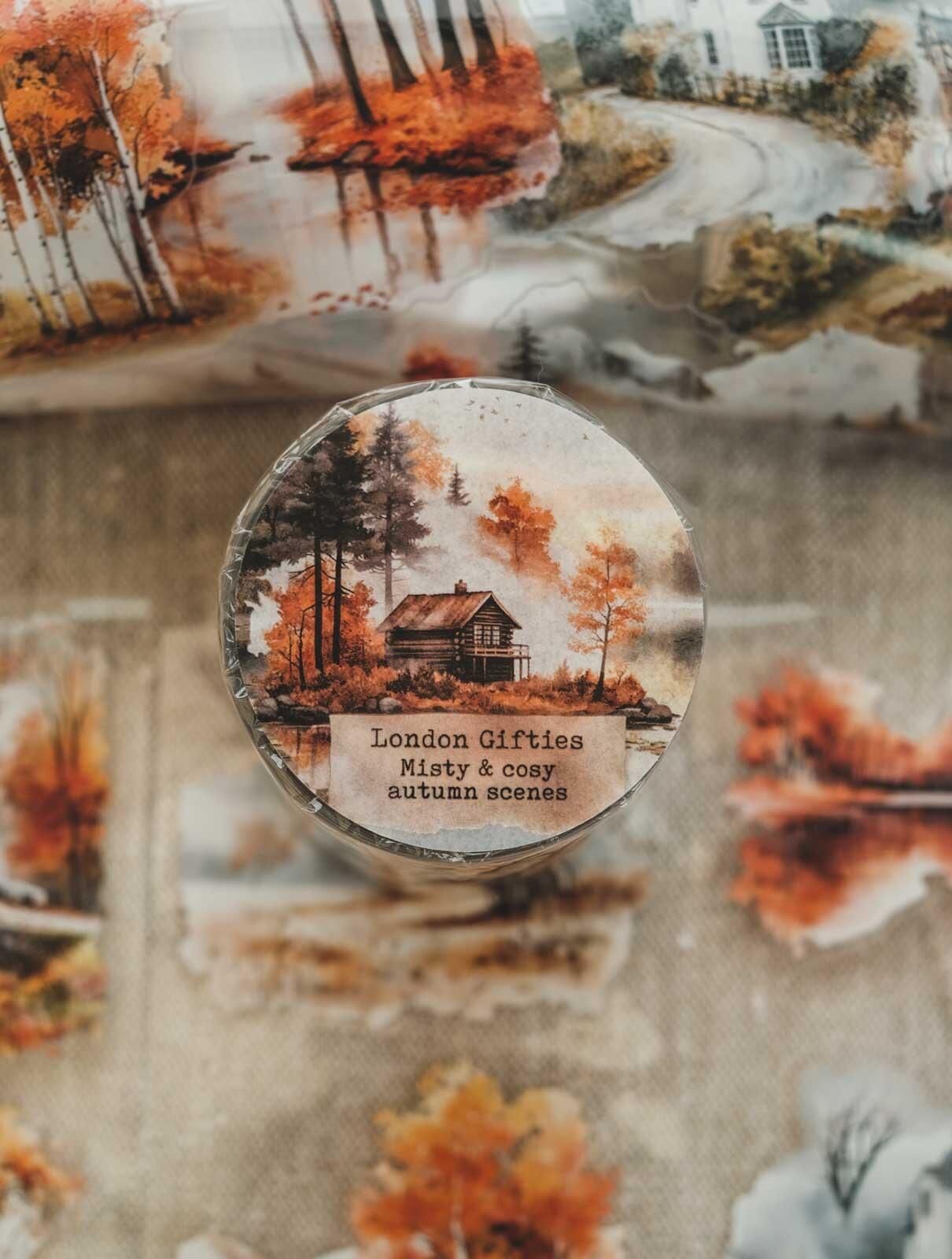 Misty & cosy autumn scenes - kiss-cut raised 3D gloss 7cm wide PET ...