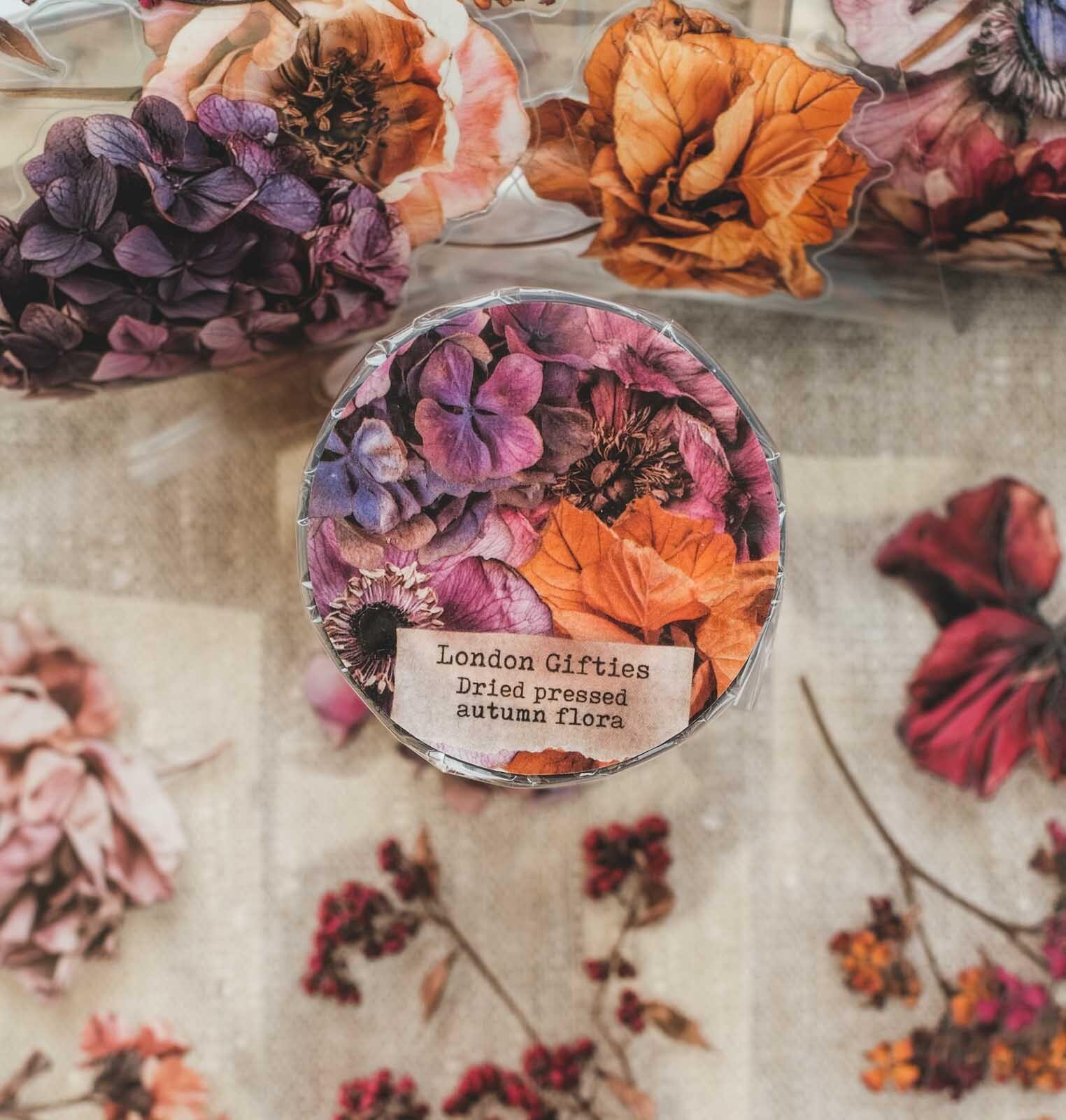 Dried pressed autumn flora - kiss-cut raised 3D gloss 6cm wide PET ...