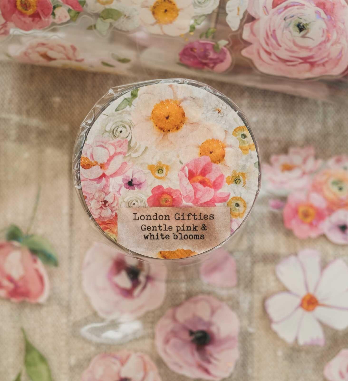Gentle pink & white blooms - HOLO FOIL kiss-cut raised 3D gloss 6cm ...