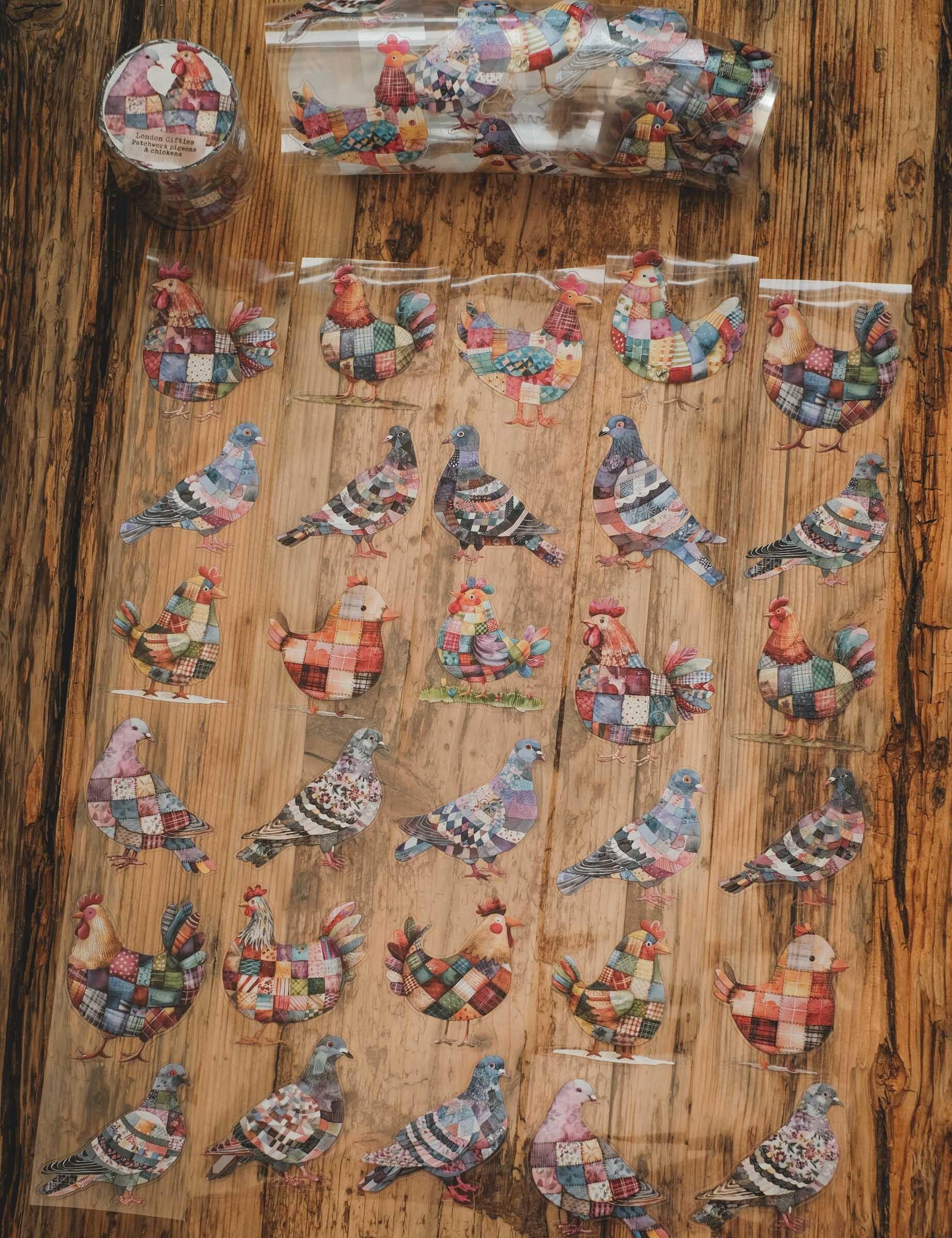 Patchwork pigeons & chickens - kiss-cut raised 3D gloss 6cm wide PET ...