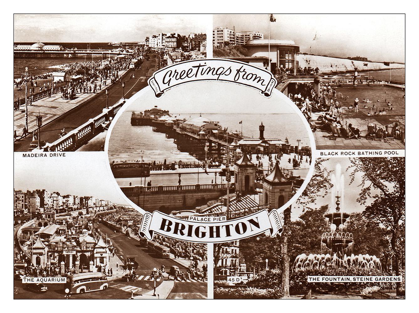 Greetings From Brighton Vintage Postcard Design : Art Print £7.99 ...