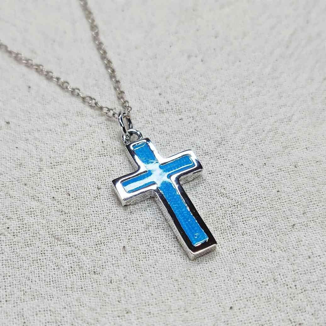 Chunky Recycled Sterling Silver Crucifix with Genoa Blue Transparent Enamel