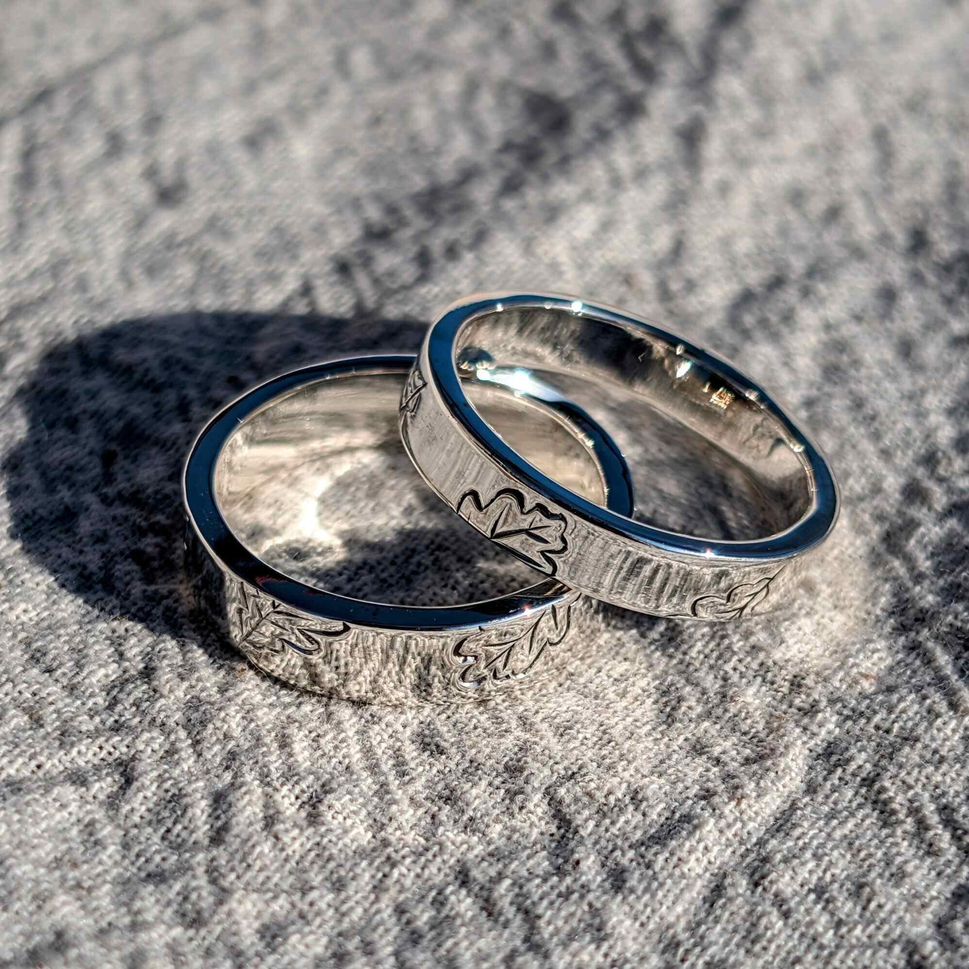 Hand Engraved Oak Leaf His and Hers Sterling Silver Wedding Bands (Set)