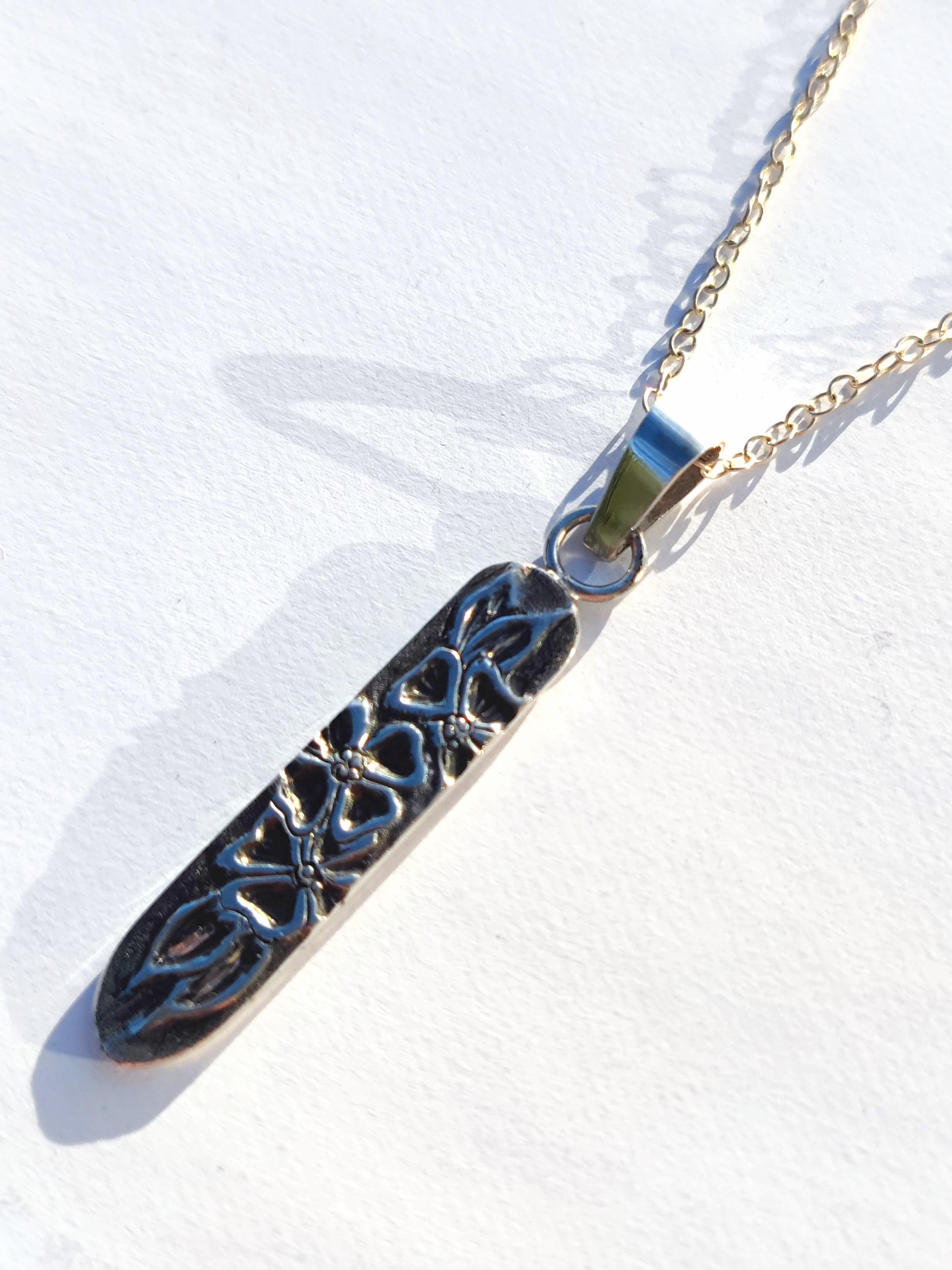 Hand Engraved Floral Pendant, long and narrow pendant in Sterling Silver