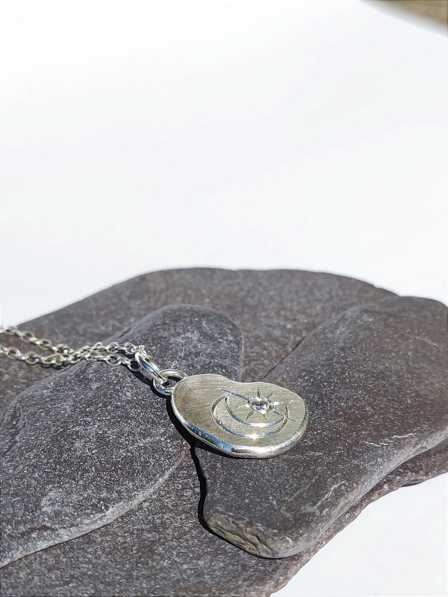 Pebble Pendant with hand engraved Moon and Stars design and 2mm Cubic ...