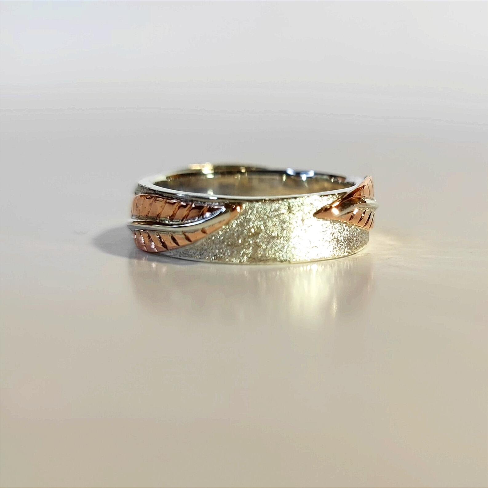 Leaf ring hand made with recycled sterling silver and copper, wide band ...