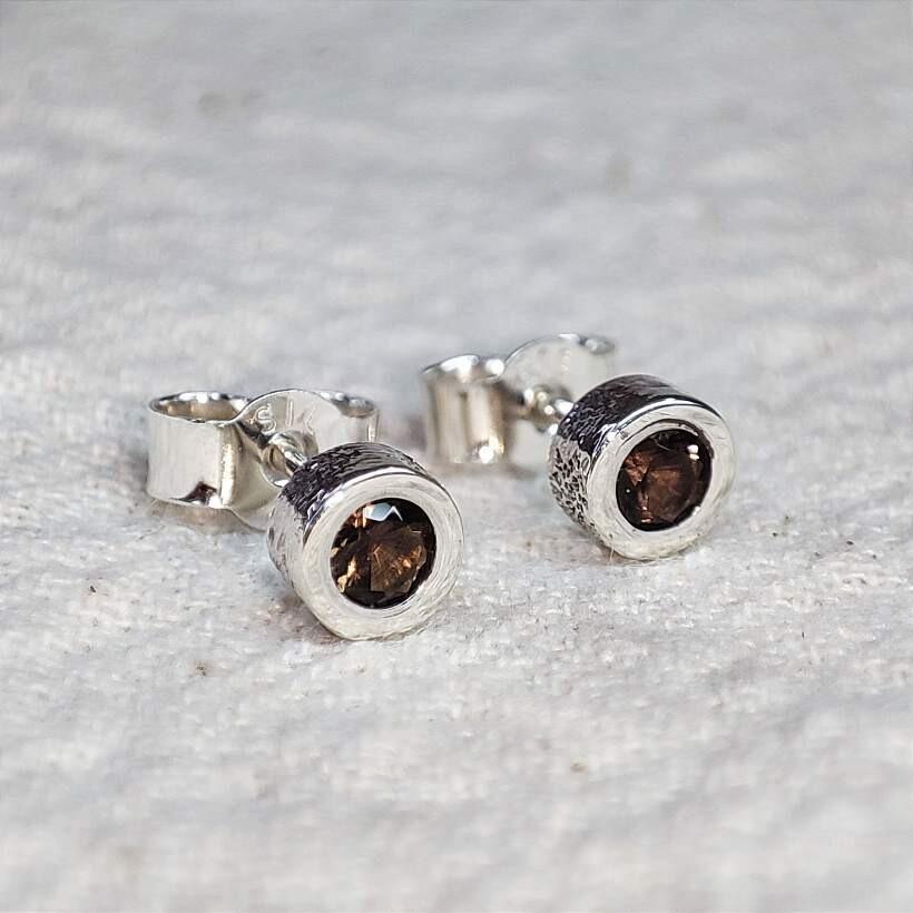 Rustic Smoky Quartz Stud Earrings, available with 3mm and 5mm stones