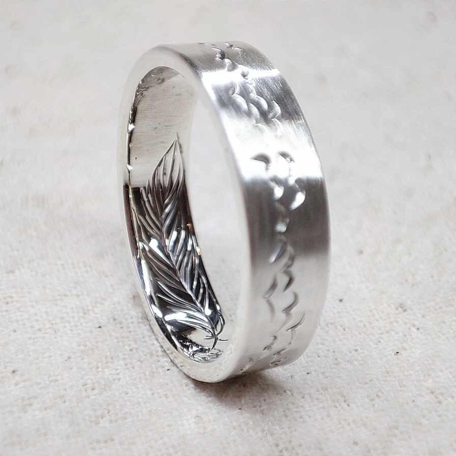 Birds Wide Band Ring with Inner Feather Engraving, handmade with ...