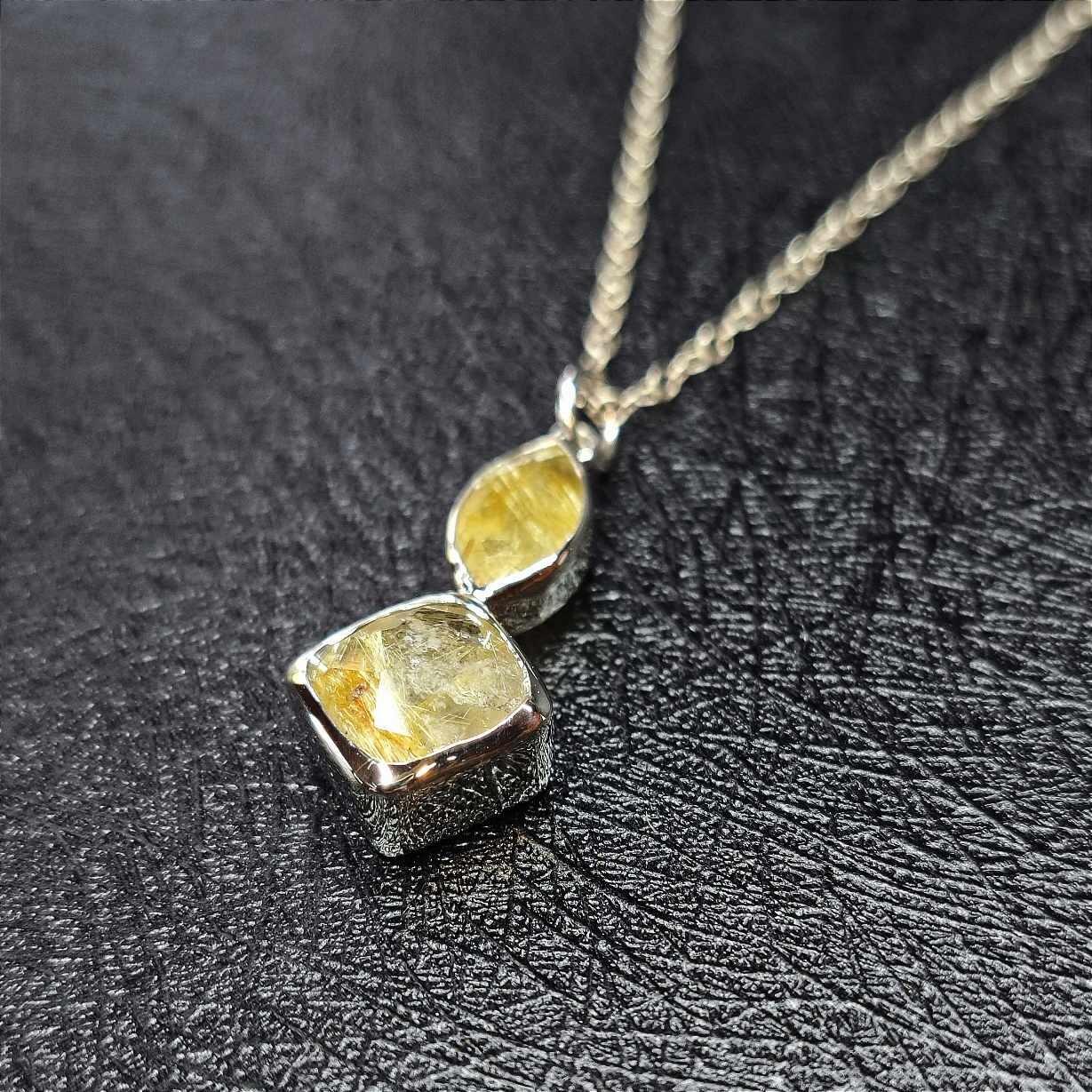 Rutilated Quartz Pendant, with Marquise and Cushion Checkerboard cut stones