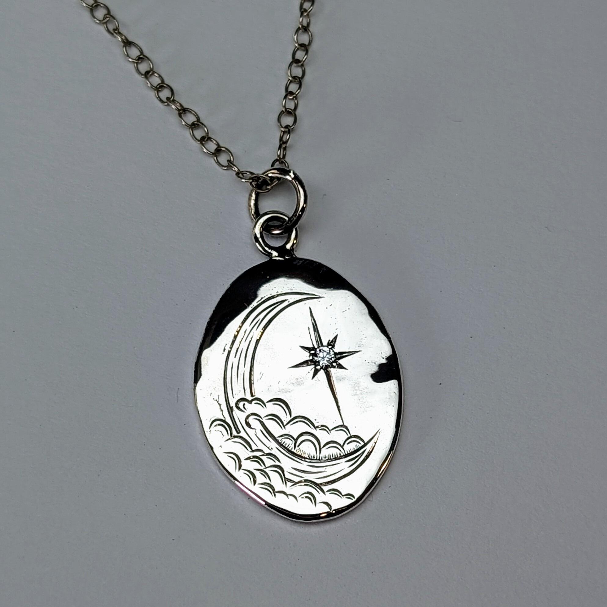 Hand Engraved Moon and Star Nugget Pendant, with 2mm cubic zirconia ...