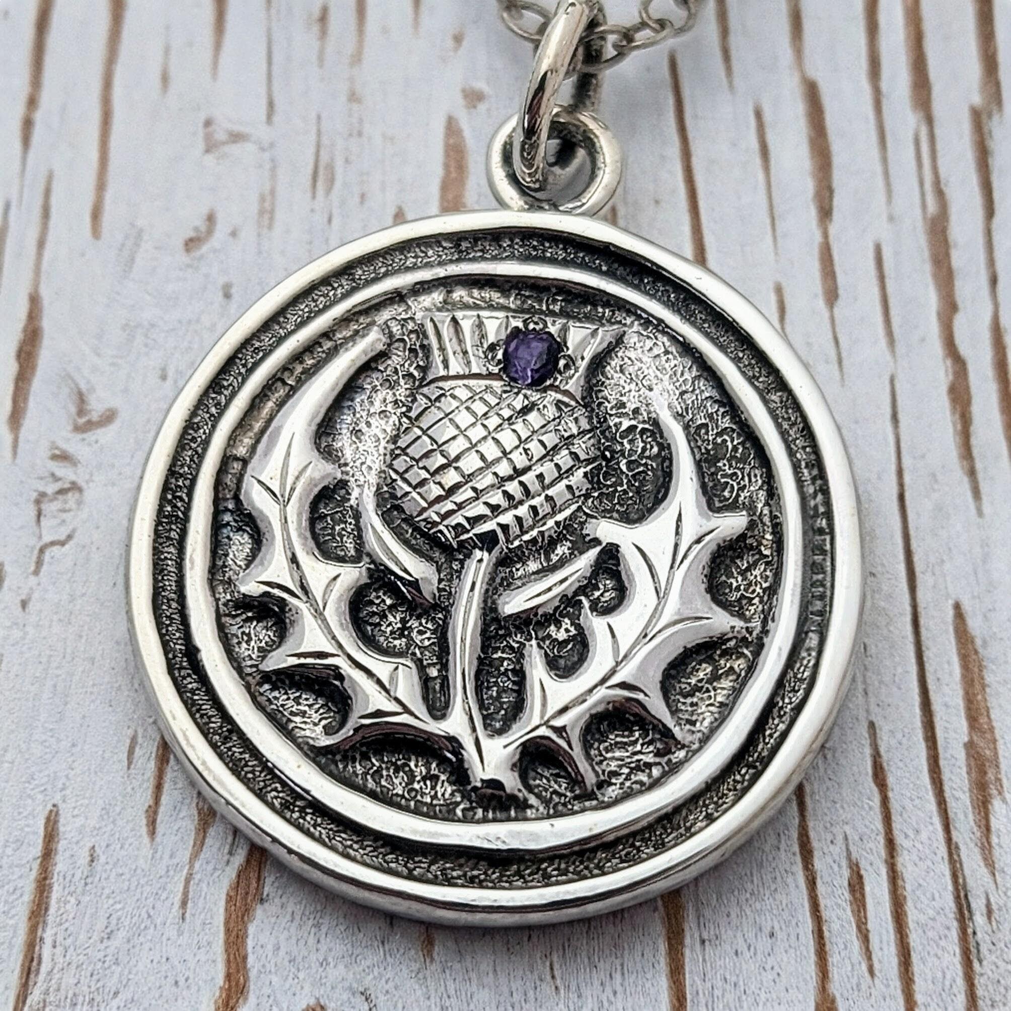 Thistle Pendant with Amethyst, handmade with recycled sterling silver
