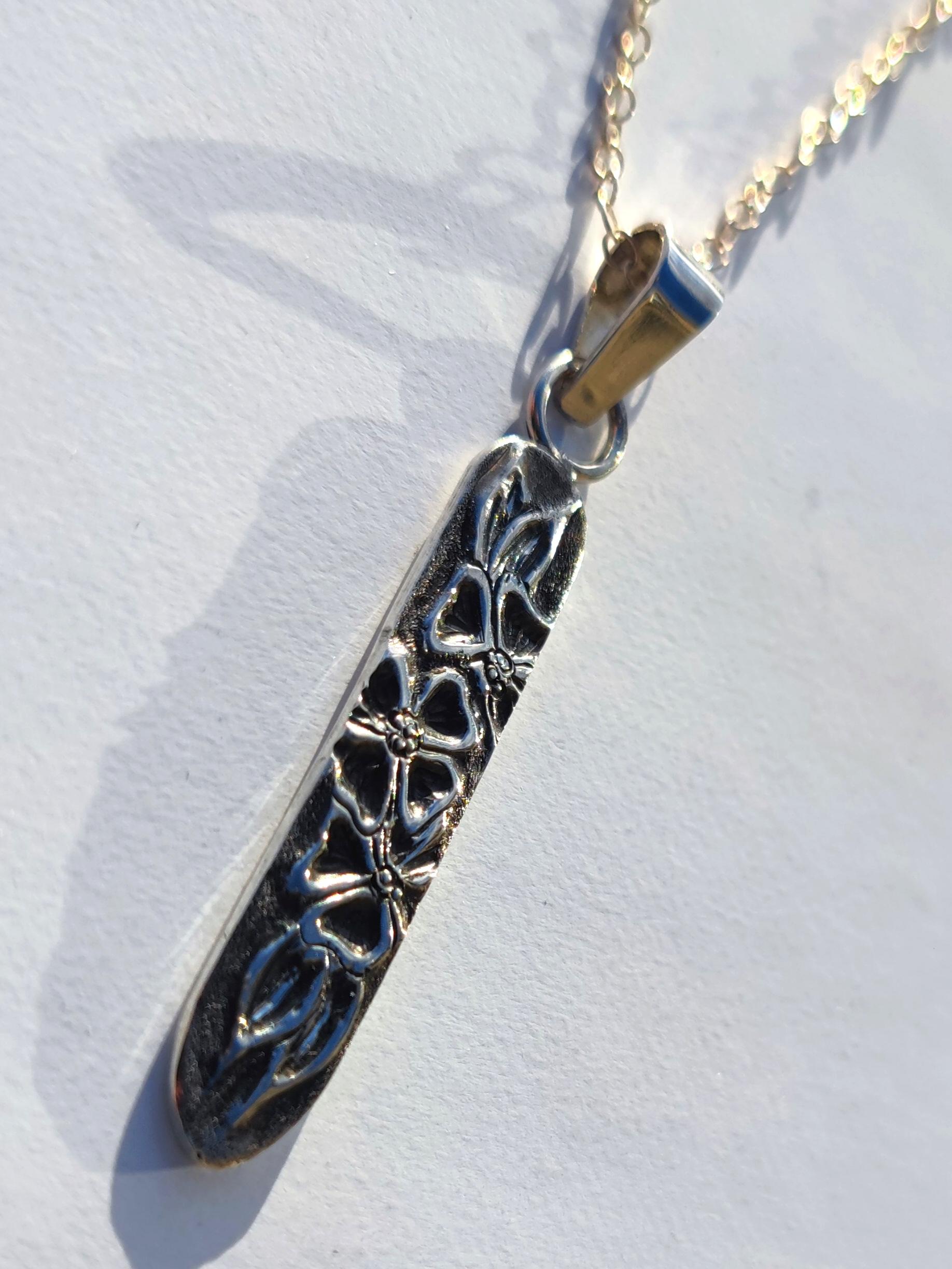 Hand Engraved Floral Pendant, long and narrow pendant in Sterling Silver