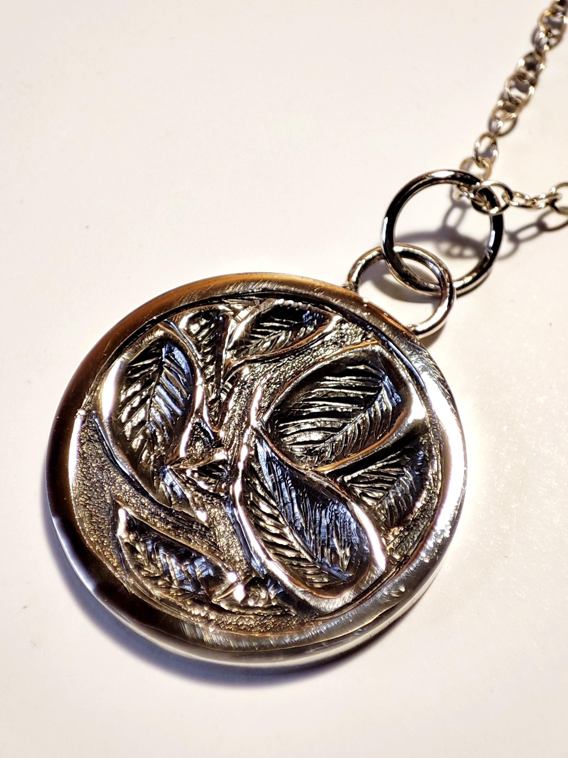 Hand Engraved Leaf Pendant in Sterling Silver, Circular Pendant