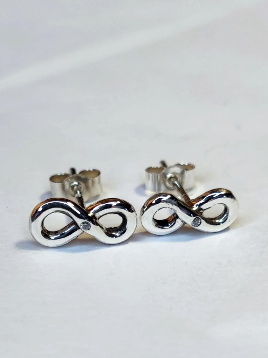 Infinity Stud Earrings with Single Cubic Zirconia, handmade in Sterling ...