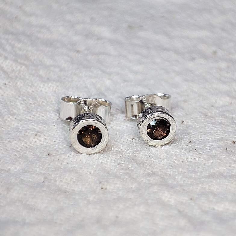 Rustic Smoky Quartz Stud Earrings, available with 3mm and 5mm stones