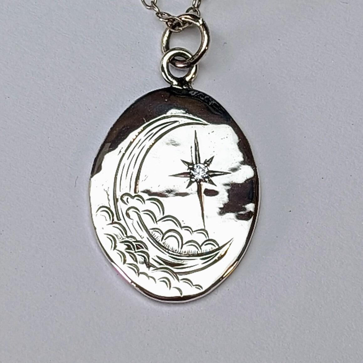 Hand Engraved Moon and Star Nugget Pendant, with 2mm cubic zirconia ...