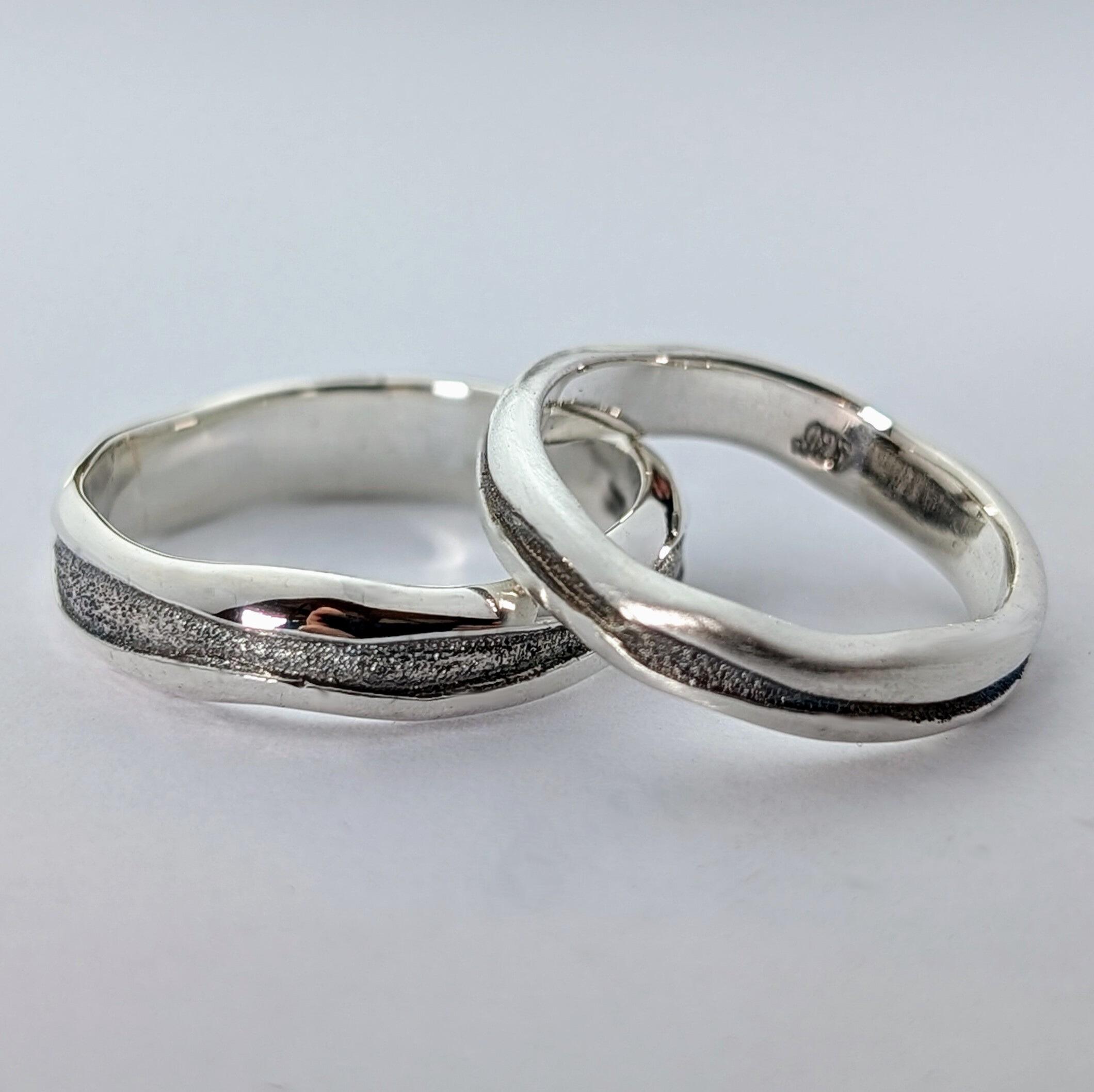 Fissure Wedding Ring Set, handmade with recycled sterling silver